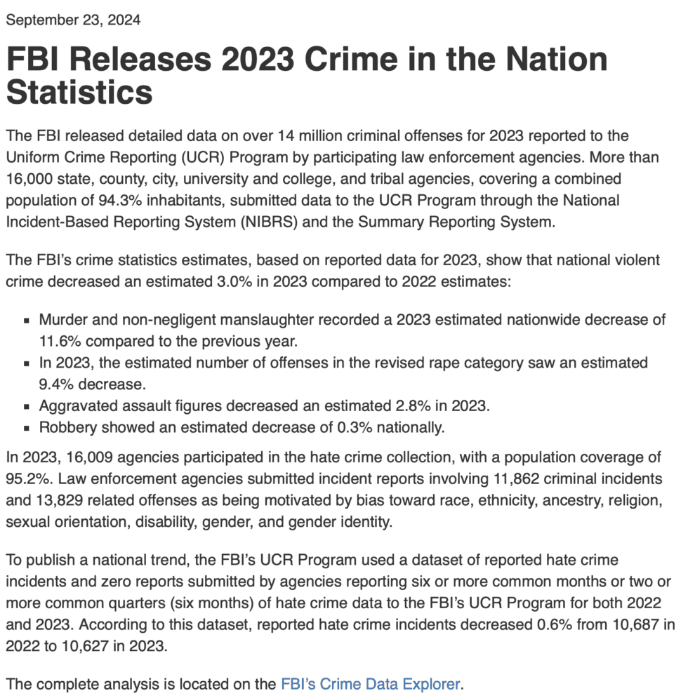 New 2023 FBI Reported Crime Data is Out, FBI Data Adjusted for Previous Years, In 2022, the FBI ...